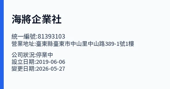 海將企業社的照片-統編 81393103(臺東縣) 公司登記資料與營業項目詳細圖表