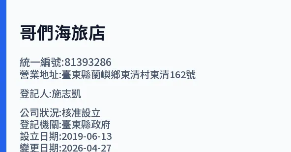 哥們海旅店的照片-統編 81393286(臺東縣) 公司登記資料與營業項目詳細圖表