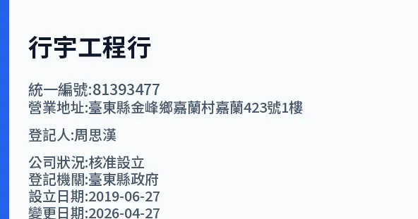 行宇工程行的照片-統編 81393477(臺東縣) 公司登記資料與營業項目詳細圖表