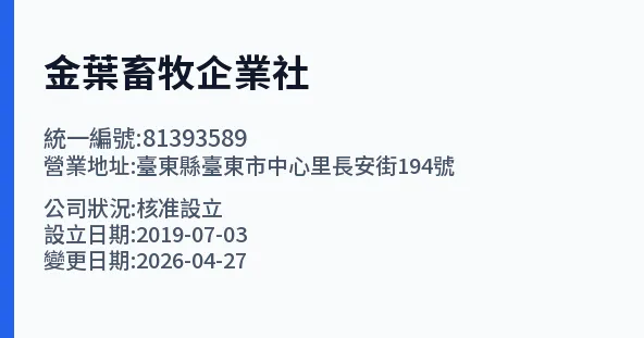 金葉畜牧企業社的照片-統編 81393589(臺東縣) 公司登記資料與營業項目詳細圖表
