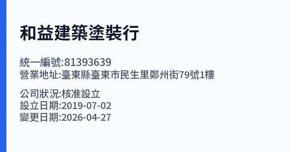 和益建築塗裝行的照片-統編 81393639(臺東縣) 公司登記資料與營業項目詳細圖表