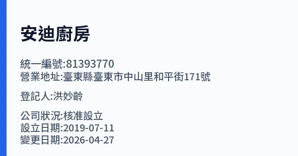 安迪廚房的照片-統編 81393770(臺東縣) 公司登記資料與營業項目詳細圖表