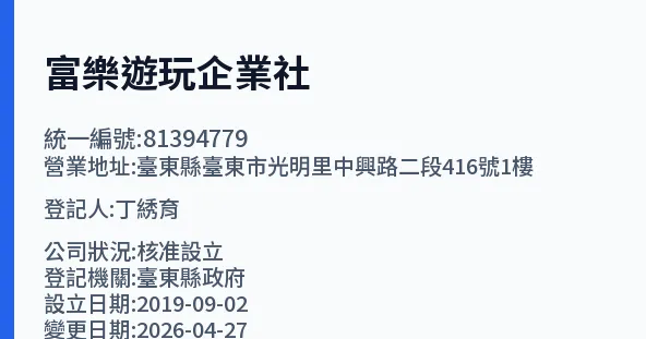 富樂遊玩企業社的照片-統編 81394779(臺東縣) 公司登記資料與營業項目詳細圖表