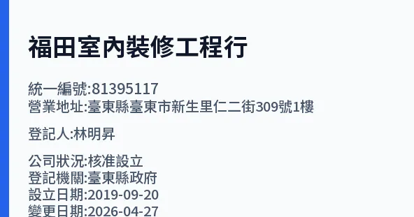 福田室內裝修工程行的照片-統編 81395117(臺東縣) 公司登記資料與營業項目詳細圖表
