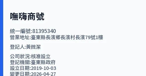 嘸嗨商號的照片-統編 81395340(臺東縣) 公司登記資料與營業項目詳細圖表