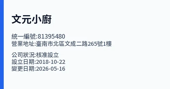 文元小廚的照片-統編 81395480(臺南市) 公司登記資料與營業項目詳細圖表