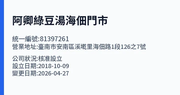 阿卿綠豆湯海佃門市的照片-統編 81397261(臺南市) 公司登記資料與營業項目詳細圖表