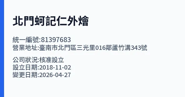北門蚵記仁外燴的照片-統編 81397683(臺南市) 公司登記資料與營業項目詳細圖表