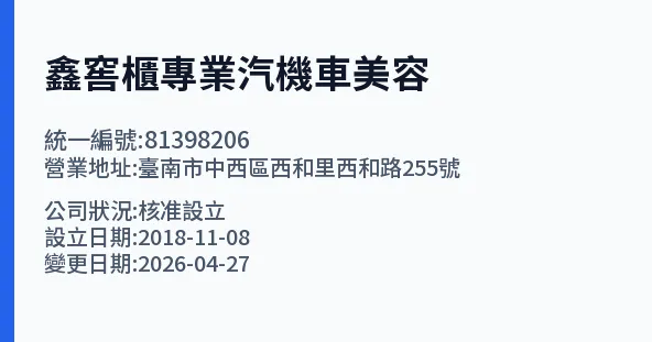 鑫窖櫃專業汽機車美容的照片-統編 81398206(臺南市) 公司登記資料與營業項目詳細圖表