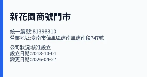 新花園商號門市的照片-統編 81398310(臺南市) 公司登記資料與營業項目詳細圖表