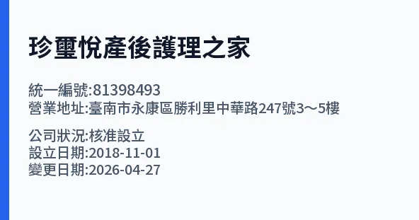 珍璽悅產後護理之家的照片-統編 81398493(臺南市) 公司登記資料與營業項目詳細圖表