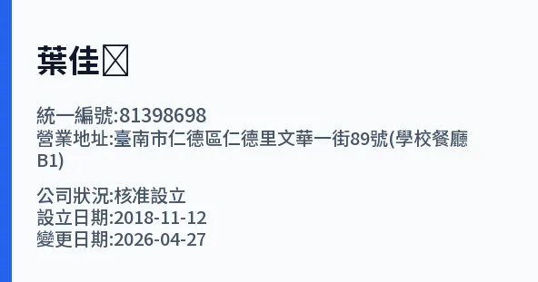 葉佳勲的照片-統編 81398698(臺南市) 公司登記資料與營業項目詳細圖表