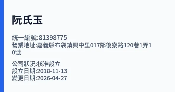 阮氏玉的照片-統編 81398775(嘉義縣) 公司登記資料與營業項目詳細圖表