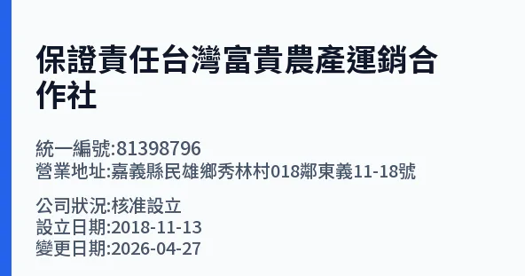 保證責任台灣富貴農產運銷合作社的照片-統編 81398796(嘉義縣) 公司登記資料與營業項目詳細圖表
