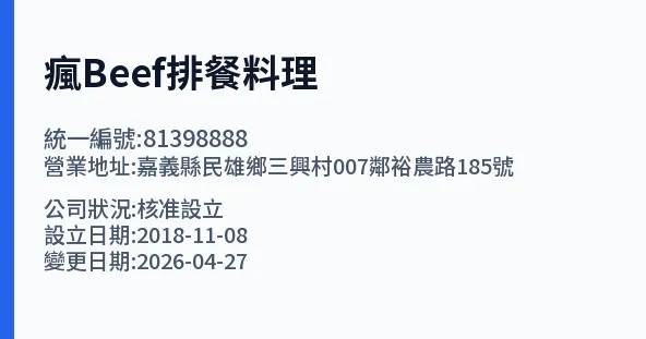 瘋Beef排餐料理的照片-統編 81398888(嘉義縣) 公司登記資料與營業項目詳細圖表