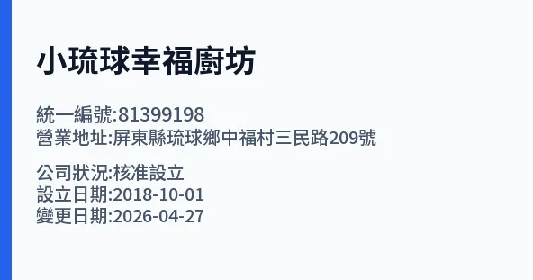 小琉球幸福廚坊的照片-統編 81399198(屏東縣) 公司登記資料與營業項目詳細圖表