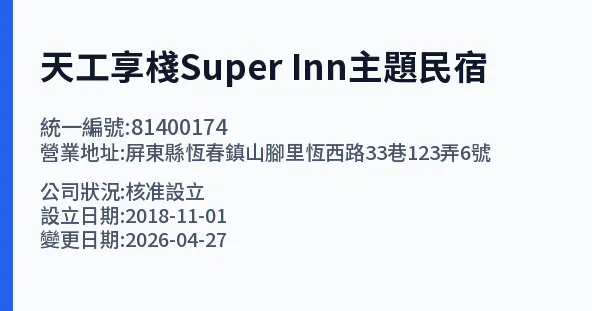 天工享棧Super Inn主題民宿的照片-統編 81400174(屏東縣) 公司登記資料與營業項目詳細圖表