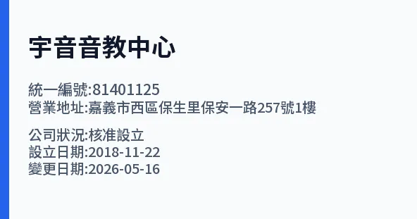 宇音音教中心的照片-統編 81401125(嘉義市) 公司登記資料與營業項目詳細圖表
