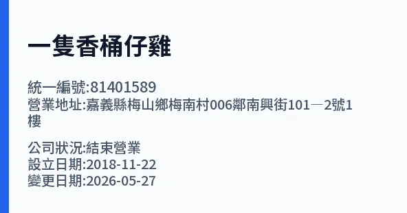 一隻香桶仔雞的照片-統編 81401589(嘉義縣) 公司登記資料與營業項目詳細圖表