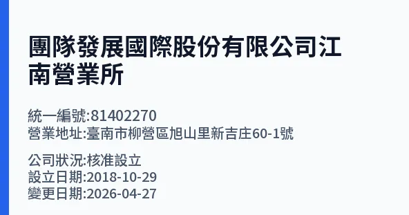 團隊發展國際股份有限公司江南營業所的照片-統編 81402270(臺南市) 公司登記資料與營業項目詳細圖表