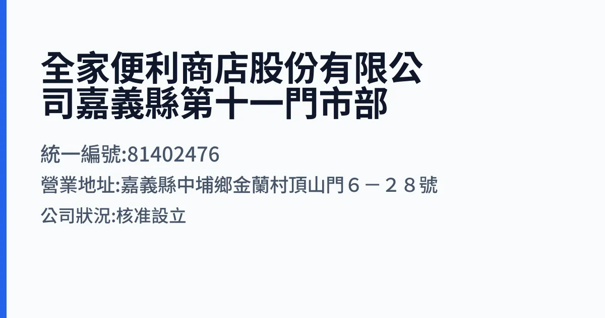 全家便利商店股份有限公司嘉義縣第十一門市部 - 統編 81402476(嘉義縣) 公司登記資料與營業項目詳細圖表