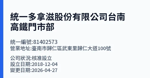 統一多拿滋股份有限公司台南高鐵門市部的照片-統編 81402573(臺南市) 公司登記資料與營業項目詳細圖表