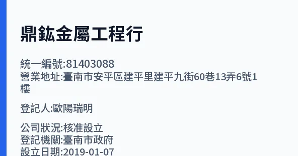 鼎鈜金屬工程行的照片-統編 81403088(臺南市) 公司登記資料與營業項目詳細圖表