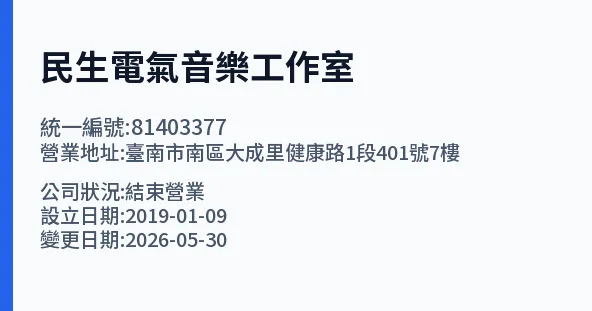 民生電氣音樂工作室的照片-統編 81403377(臺南市) 公司登記資料與營業項目詳細圖表