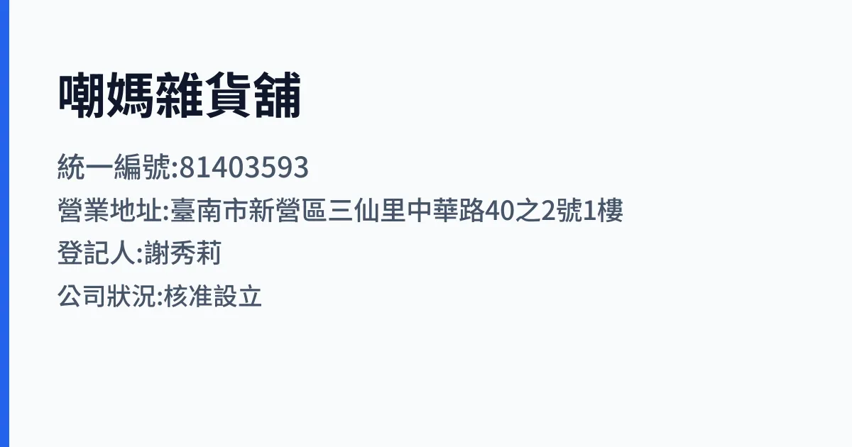 嘲媽雜貨舖 - 統編 81403593(臺南市) 公司登記資料與營業項目詳細圖表