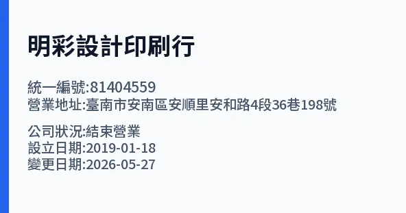 明彩設計印刷行的照片-統編 81404559(臺南市) 公司登記資料與營業項目詳細圖表
