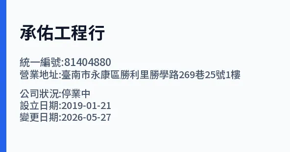 承佑工程行的照片-統編 81404880(臺南市) 公司登記資料與營業項目詳細圖表