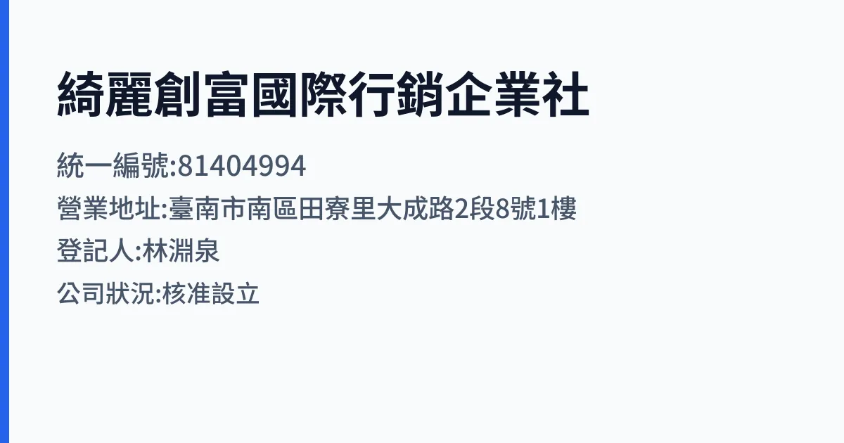 綺麗創富國際行銷企業社 - 統編 81404994(臺南市) 公司登記資料與營業項目詳細圖表