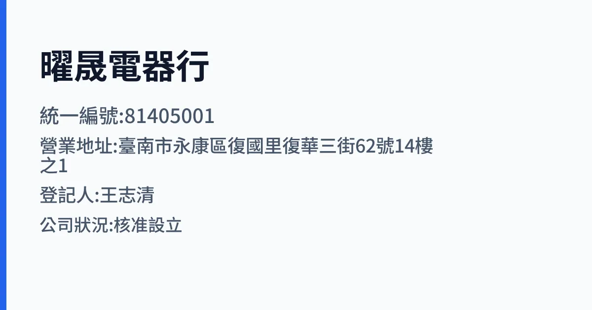 曜晟電器行 - 統編 81405001(臺南市) 公司登記資料與營業項目詳細圖表