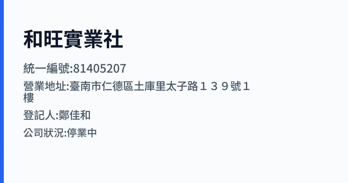 和旺實業社 - 統編 81405207(臺南市) 公司登記資料與營業項目詳細圖表