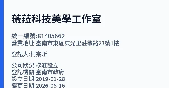 薇菈科技美學工作室的照片-統編 81405662(臺南市) 公司登記資料與營業項目詳細圖表