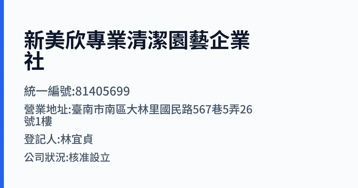 新美欣專業清潔園藝企業社 - 統編 81405699(臺南市) 公司登記資料與營業項目詳細圖表