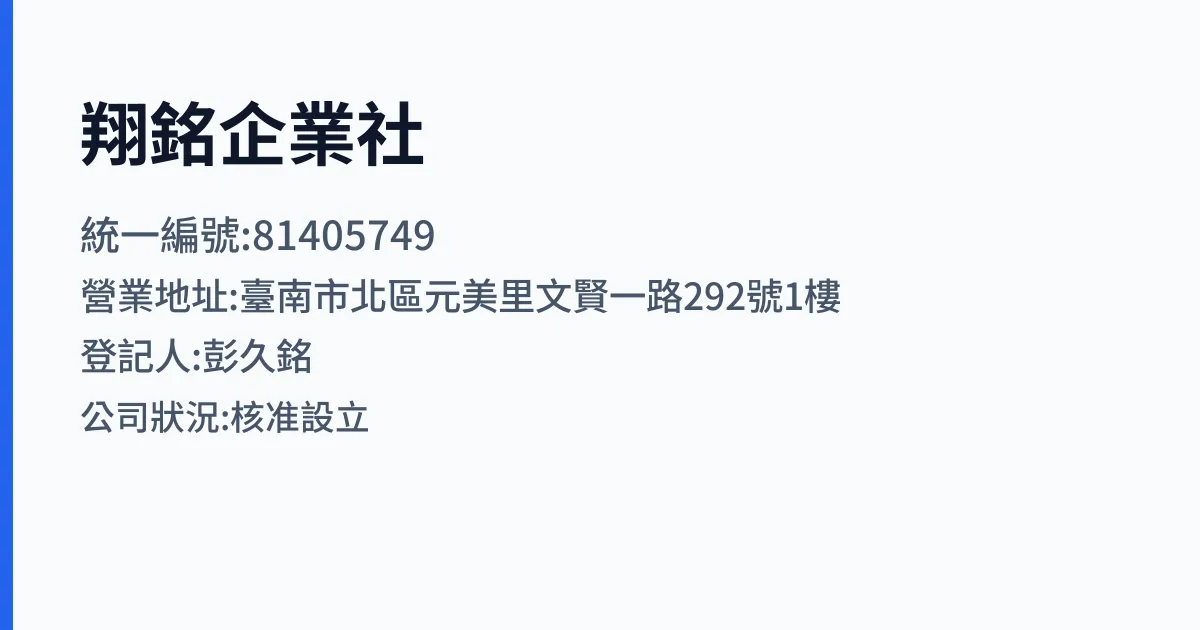 翔銘企業社 - 統編 81405749(臺南市) 公司登記資料與營業項目詳細圖表