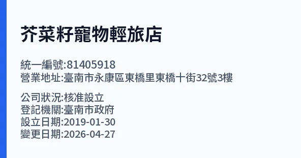 芥菜籽寵物輕旅店的照片-統編 81405918(臺南市) 公司登記資料與營業項目詳細圖表
