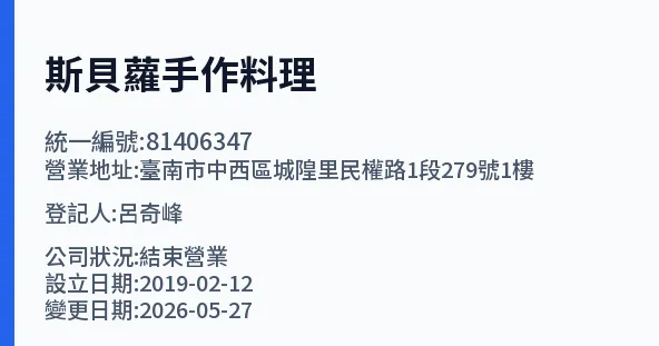 斯貝蘿手作料理的照片-統編 81406347(臺南市) 公司登記資料與營業項目詳細圖表