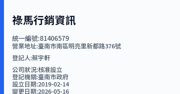 祿馬行銷資訊的照片-統編 81406579(臺南市) 公司登記資料與營業項目詳細圖表