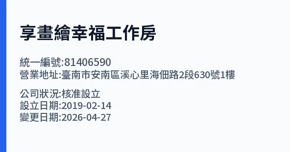 享畫繪幸福工作房的照片-統編 81406590(臺南市) 公司登記資料與營業項目詳細圖表