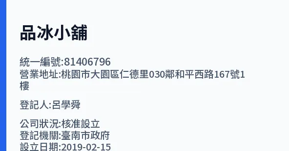 品冰小舖的照片-統編 81406796(桃園市) 公司登記資料與營業項目詳細圖表