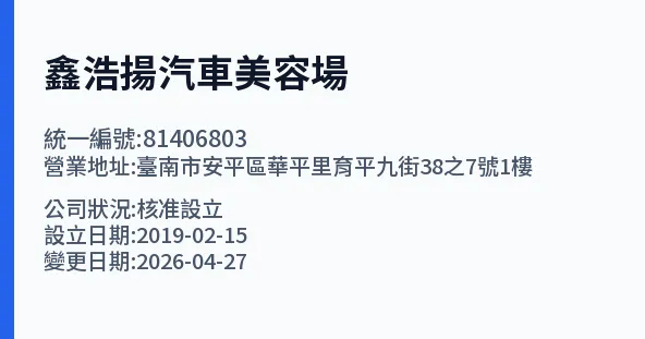 鑫浩揚汽車美容場的照片-統編 81406803(臺南市) 公司登記資料與營業項目詳細圖表