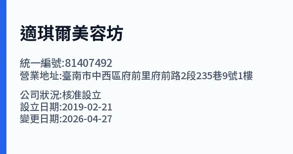 適琪爾美容坊的照片-統編 81407492(臺南市) 公司登記資料與營業項目詳細圖表