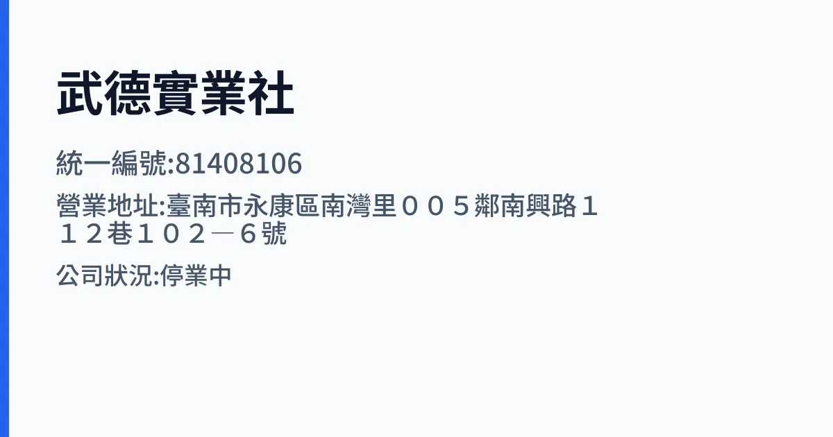 武德實業社 - 統編 81408106(臺南市) 公司登記資料與營業項目詳細圖表