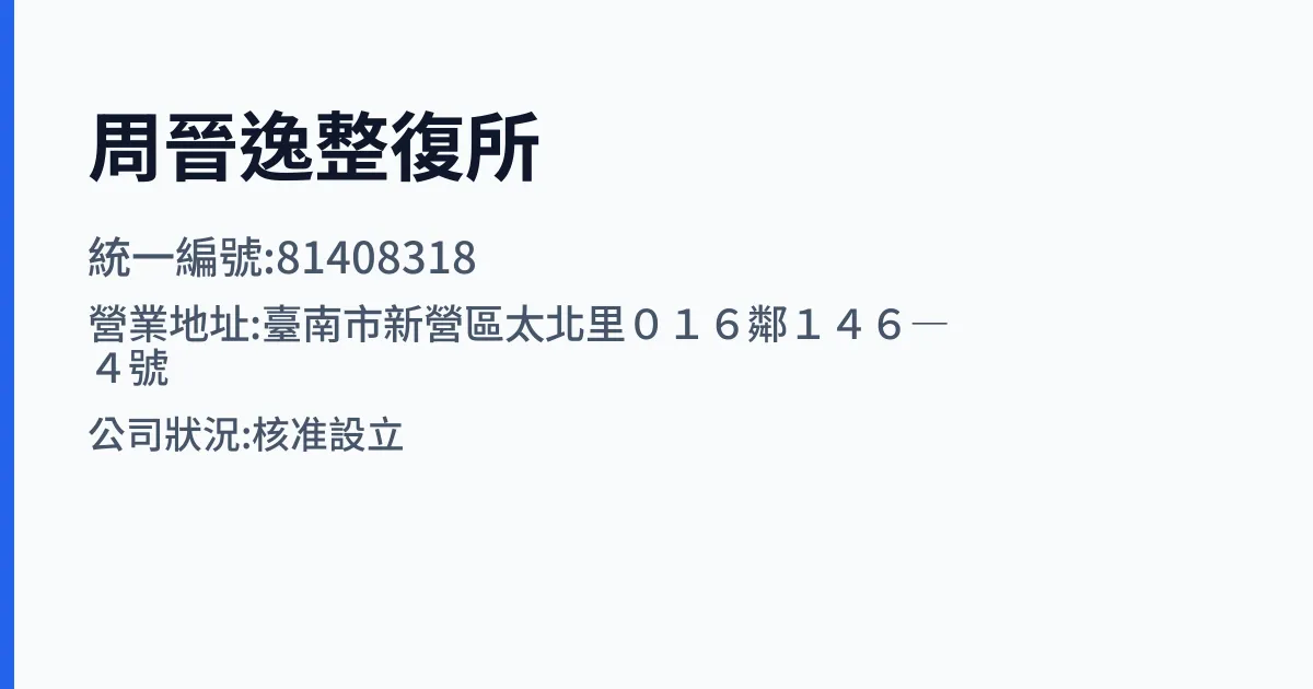 周晉逸整復所 - 統編 81408318(臺南市) 公司登記資料與營業項目詳細圖表