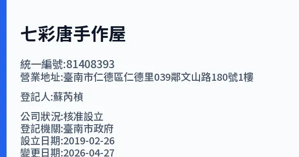 七彩唐手作屋的照片-統編 81408393(臺南市) 公司登記資料與營業項目詳細圖表