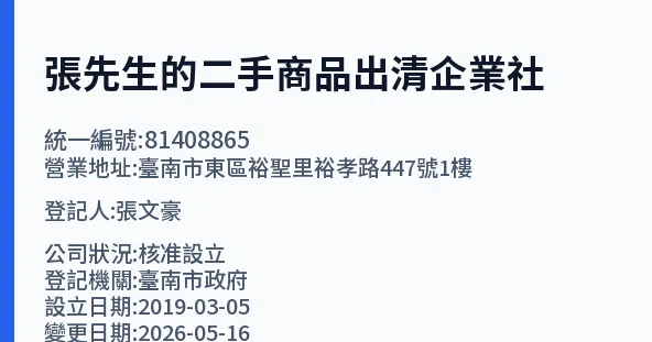 張先生的二手商品出清企業社的照片-統編 81408865(臺南市) 公司登記資料與營業項目詳細圖表