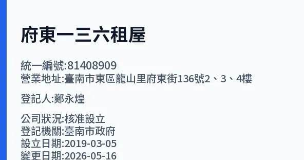 府東一三六租屋的照片-統編 81408909(臺南市) 公司登記資料與營業項目詳細圖表