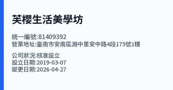芙櫻生活美學坊的照片-統編 81409392(臺南市) 公司登記資料與營業項目詳細圖表